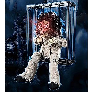Skeleton Animated Halloween Decorations, Screaming Halloween Decor with Motion Activated & Light Sensor, Spooky Prisoner Cage with Spider Web Haunted House Decorations by CRILEAL, Ghost with Long-hair