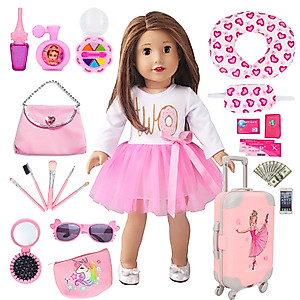 18 Inch American Doll Clothes and Accessories, Travel Play Sets for 18 Inch American Doll Stuff with Doll Clothes, Bag, Travel Pillow, Wallet and Doll Pretend Makeup Girl Toys Gifts