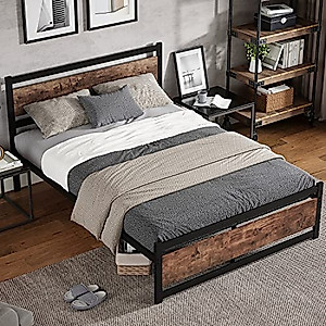 LOTCAIN Platform Bed Frame with Wooden Headboard, Heavy Duty, No Box Spring Needed, Strong Metal Slats Support, Noise-Free, Twin XL/Queen/King (Queen)