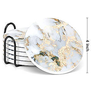 Nipichsha Coasters for Drinks, Set of 6 Marble Absorbent Ceramic Coasters with Holder and Cork Base, Cute Stone Drink Coasters for Cup Kitchen Home Decor Housewarming Gift, Round 4", White Gray Gold