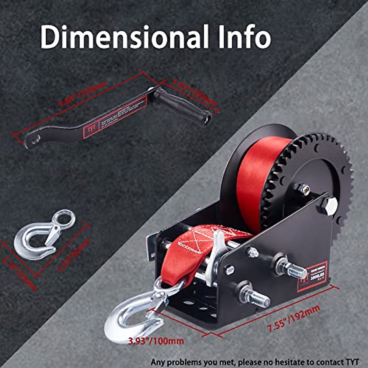 TYT 3500LB Boat Trailer Strap Winch with 10M Red Strap, Sturdy Long-Lasting Gear Hand Crank Winch, Operated Two Way Ratchet Manual Winches for Towing Pulley Boat Trailer Truck RV Jet Ski Marine Winch