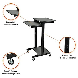 Luxor Adjustable Height Multipurpose Lightweight Rolling Presentation Workstation with 3 Shelves - Black, Perfect for School, Classroom, Office and More