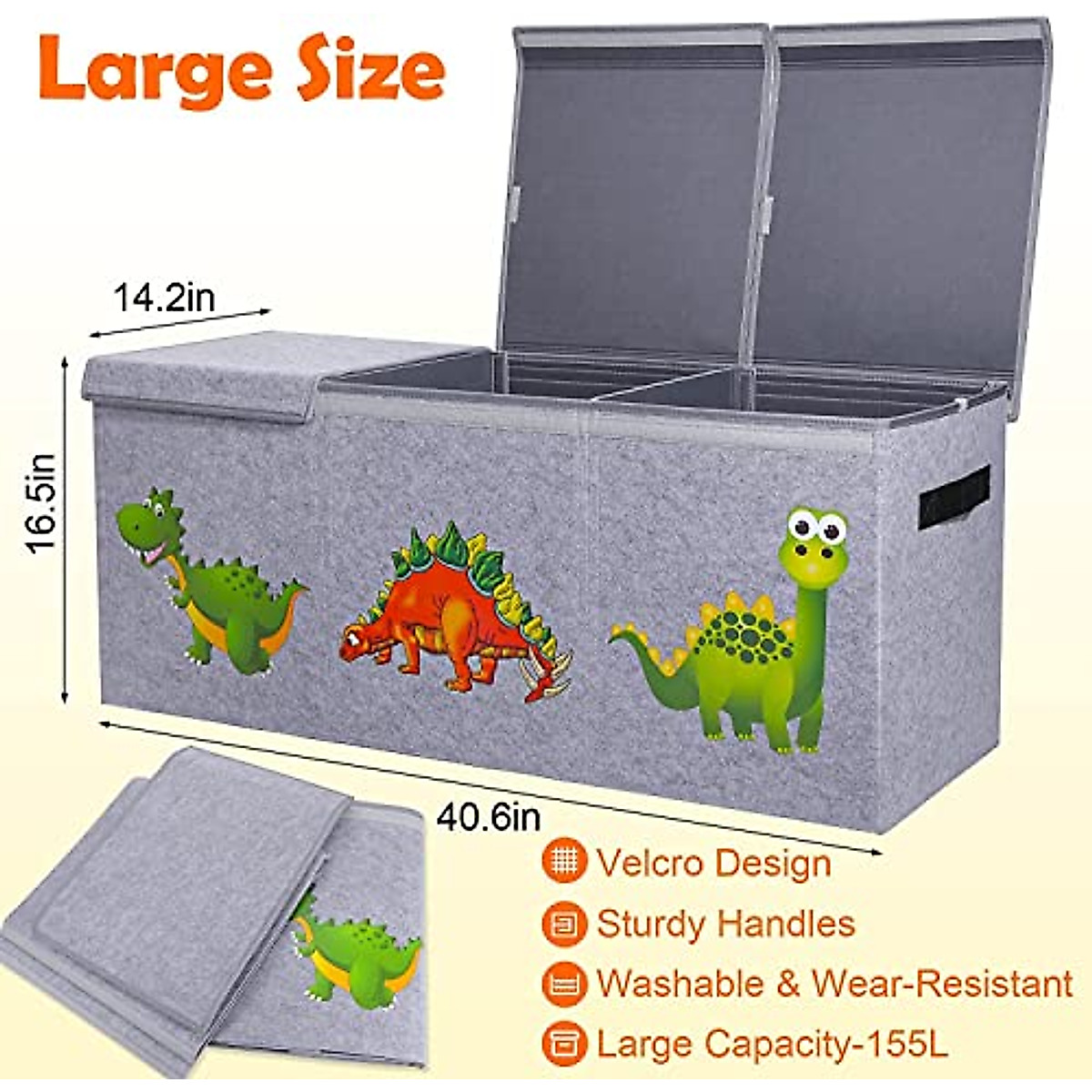 ASKIZ Toy Chest Box for Kids Extra Large,Collapsible Dinosaur Sturdy Storage Bins with Lids,Toy Box Storage Organizer Baskets for Boys Girls,Nursery, Playroom,Closet,40.6"×16.5"×14.2" (Grey)