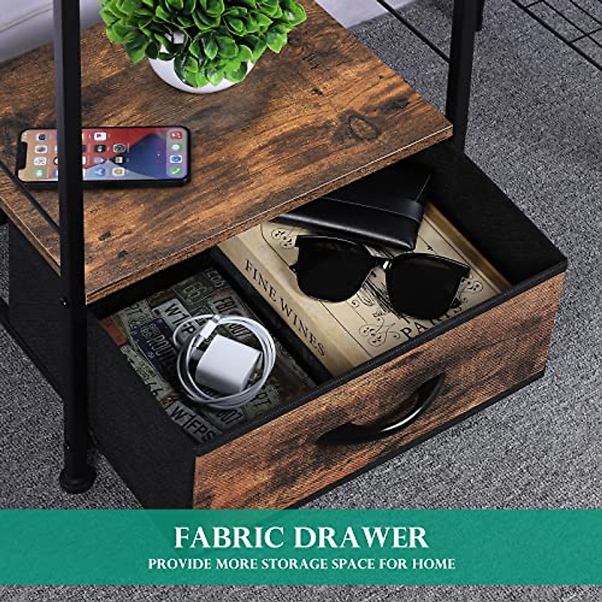 Nightstands for Bedrooms Set of 2 Night Stand with Charging Station End Side Table with Power Outlets for Living Room End Table with Drawer Storage Small Bedside Tables for Small Spaces, Rustic Brown