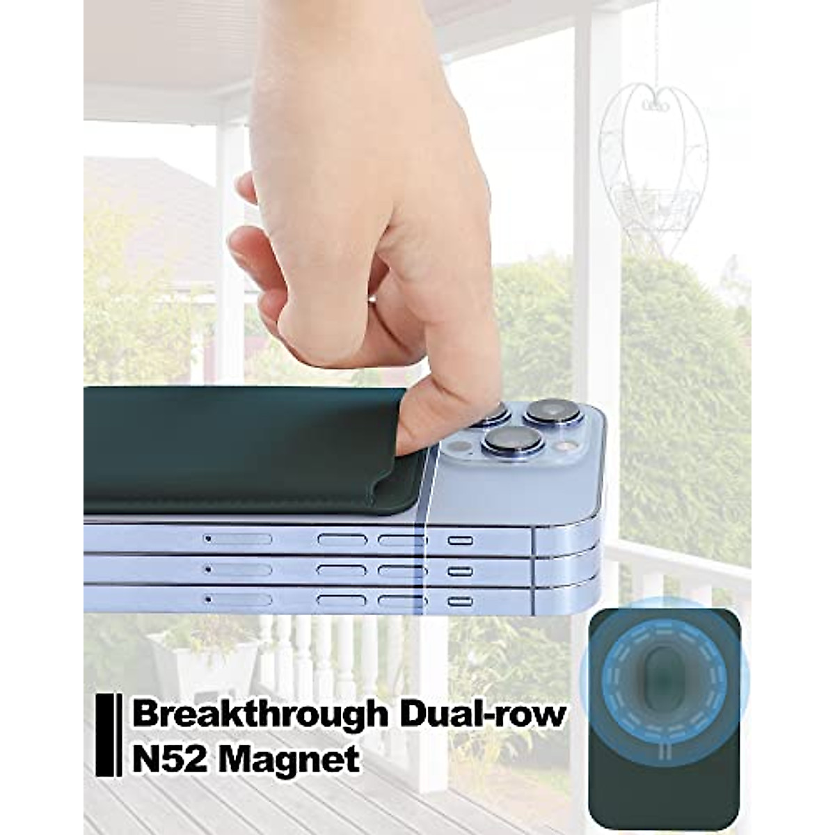 COMWINN Mag Safe Wallet with Double-Row Magnets - Minimalism Leather Mag Safe Card Holder - Slim Magnetic Wallet for iPhone 14/13/12 Series Model and Magsafe Case - Max Fit 3 Cards Dark Green