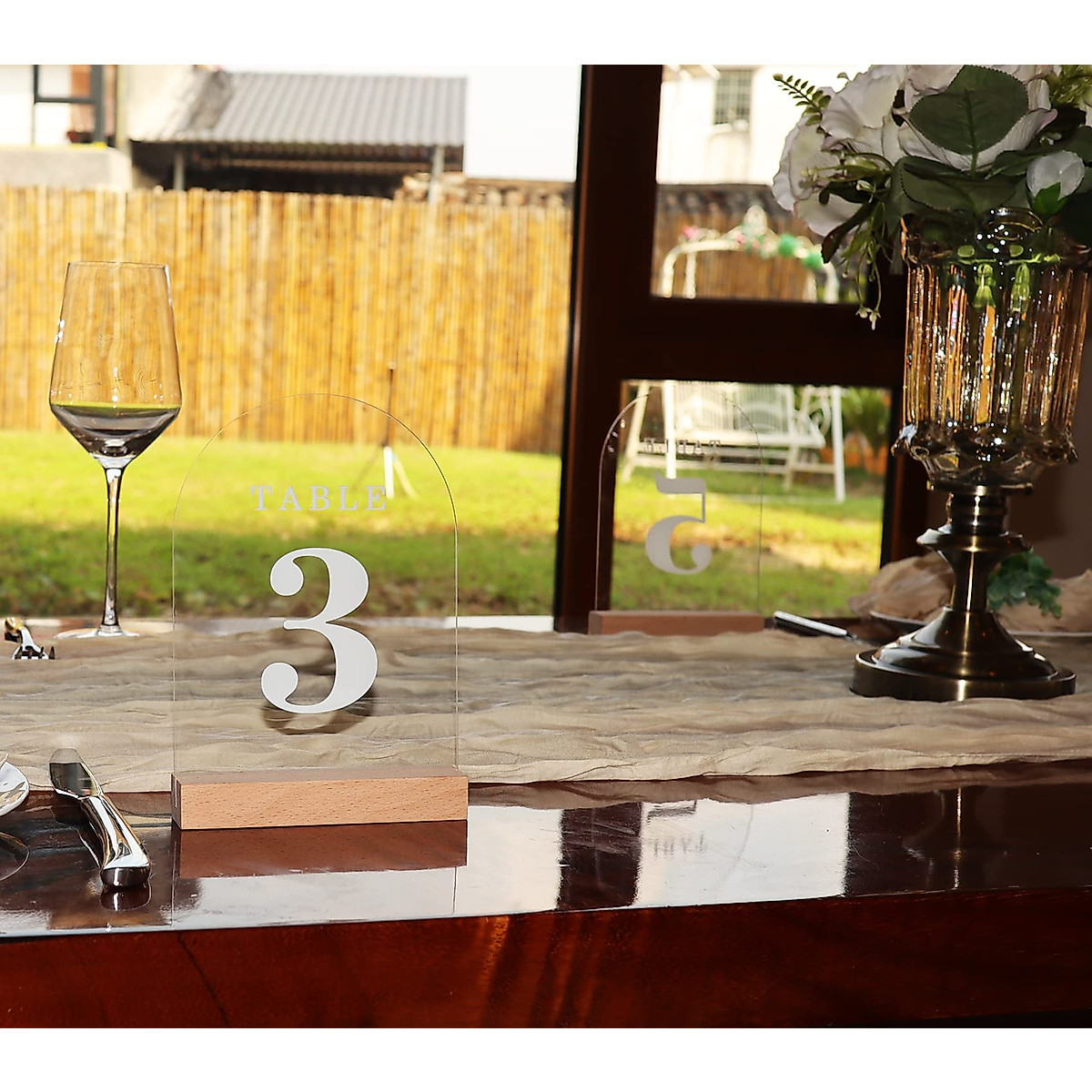ORGANTEAM Clear Arch Wedding Table Numbers with Wooden Stands 1-15, 5x7" Acrylic Signs and Holders, Perfect for Centerpiece, Reception, Decoration, Party, Anniversary, Event (Clear, Number 1-15)