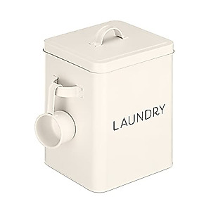 Navaris Laundry Detergent Container with Scoop - Powder Laundry Soap Tin - Vintage Style Metal Organizer Canister Box with Lid and Handles - White