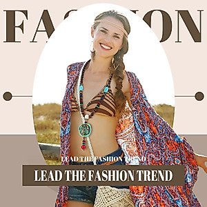 Bonuci 4 Pcs Long Boho Necklaces for Women Wood Beads Pendant Hippie Ethnic Necklace Turquoise Elephant Tribal Jewelry(Vibrant Style)