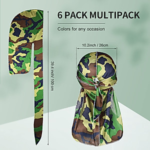 6 pcs Silky Durag with Long Tail and Wide Straps Colorful 360 Waves Doo Rags Durag Cap for Men and Women Hip Hop Rapper