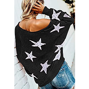 COCOLEGGINGS Women's V Neck Long Sleeve Star Sweater Jumper Pullover Black M