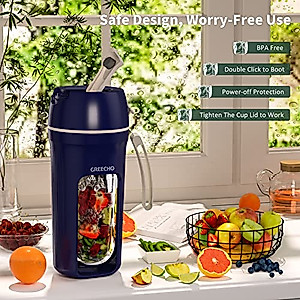 GREECHO Portable Blender, One-handed Drinking Mini Blender for Shakes and Smoothies, 12 oz Personal Blender with Rechargeable USB, Made with BPA-Free Material Portable Juicer, Space Blue
