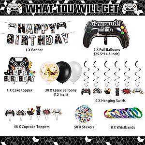 Gamer Birthday Party Decoration - 275Pcs Black White Video Game Gaming Party Supplies For Boys Birthday Party - Table Cover, Plates, Cups, Napkins, Utensils, Hanging Swirls, Birthday Banner, Cupcake Topper, Cake Topper, Stickers, Bracelets & Balloons Serv