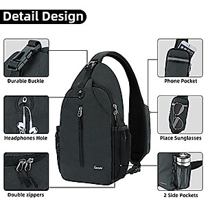 Fancosni Crossbody Sling Bags for Women Men, Black Sling Backpack, Lightweight Shoulder Bag, Multipurpose Sling Bag for Travel, Hiking, Shopping, Walking, Biking, Cycling, Earphone Hole, Chest Bag