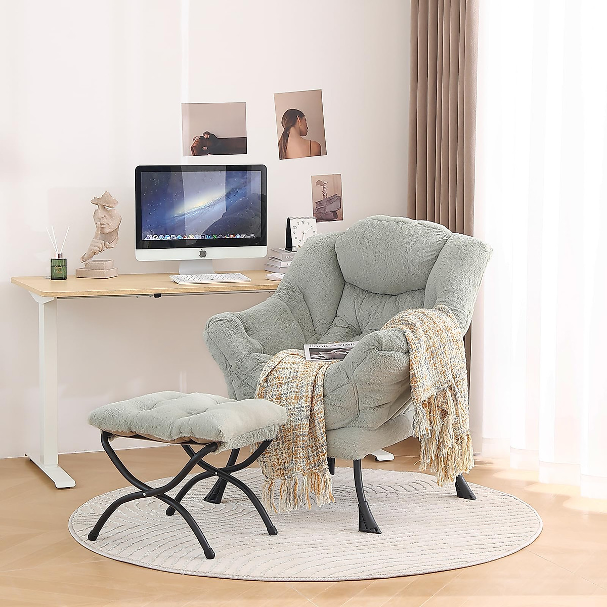 Tiita Lazy Chair with Ottoman, Modern Large Accent Lounge Chair, Leisure Sofa Armchair with Ottoman, Reading Chair with Footrest for Bedroom, Living Room, Dorm Rooms, Garden and Courtyard