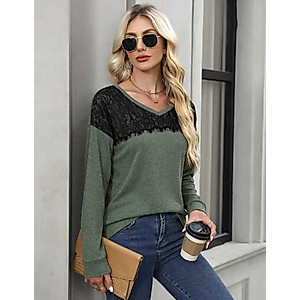 For G and PL Womens Casual Dressy Cotton Lace Trim Sweatshirt Fall Loose Fit Long Sleeve V Neck Top Sweater Forest Green L