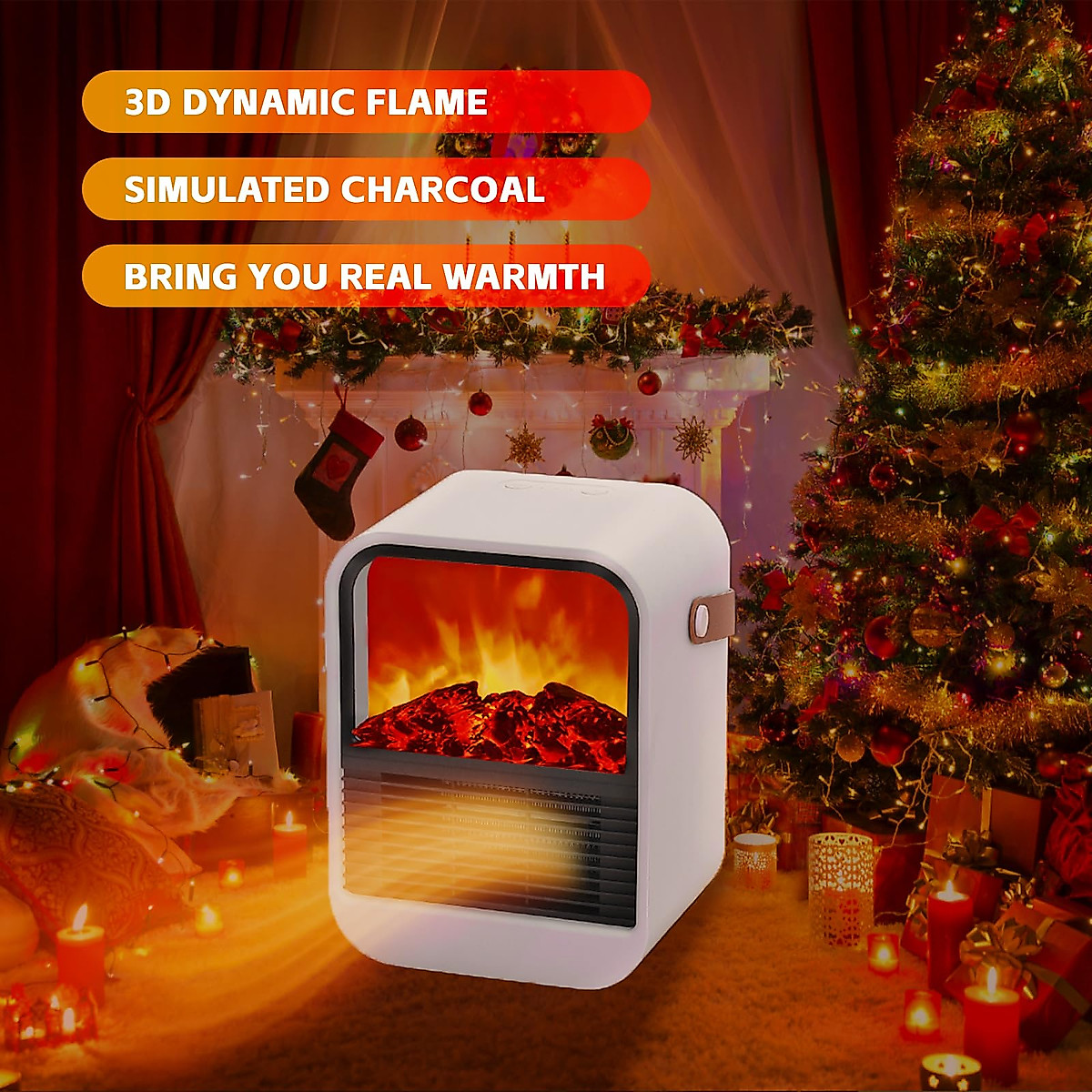 ZJFLNZYC Portable Mini Small Electric Fireplace Heater,Small Room Space Heaters for Indoor Use with 3D Flames,PTC Ceramic Heater, Desk Space Heater for Bedroom,Bathroom and Office Quiet Small(White)