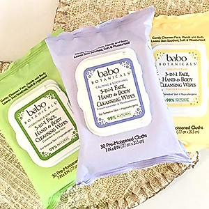 Babo Botanicals Calming 3-in-1 Face, Hand & Body Cleansing Wipes - with French Lavender & Meadowsweet - For Babies, Kids & Adults with Sensitive Skin - 30 ct.