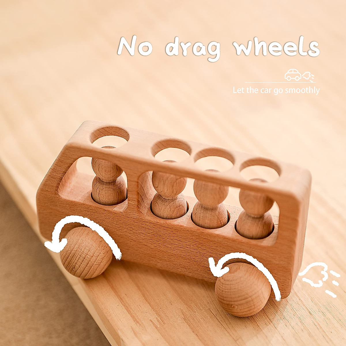 4 Wooden Figures in The Bus - Peg Dolls Unfinished Wooden Peg People Cars Wooden Figures Shape Preschool Learning Educational Toys Montessori Toys for Toddlers