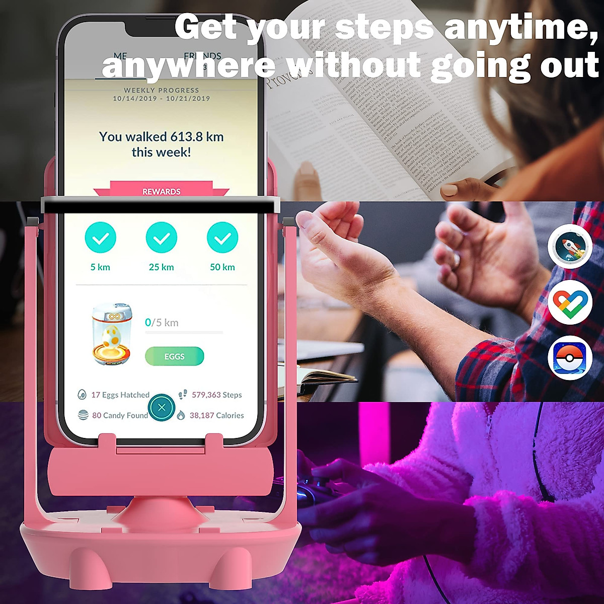 Orzero Steps Counter Compatible for Pokemon Go Walker Phone Swing Accessories Cellphone Pedometer (USB Cable) (Easy Installation) (Mute Version) Egg hatcher Rocker Quick Steps Earning Device - Pink