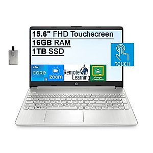HP 2022 15.6" FHD Touchscreen Laptop Computer, Intel Core i5-1135G7 Processor, 16GB DDR4 RAM, 1TB SSD, Intel Iris Xe Graphics, HD Webcam, HD Audio, USB-C, Windows 11, Silver, 32GB SnowBell USB Card