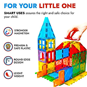 Smart Uses 100pc Magnetic Tiles for Kids Ages 4-8, Educational 3D Magnetic Building Blocks for Kids and Toddlers 1-3, Magnetic Toys with Different Shapes, Colors for Creativity and Imagination.