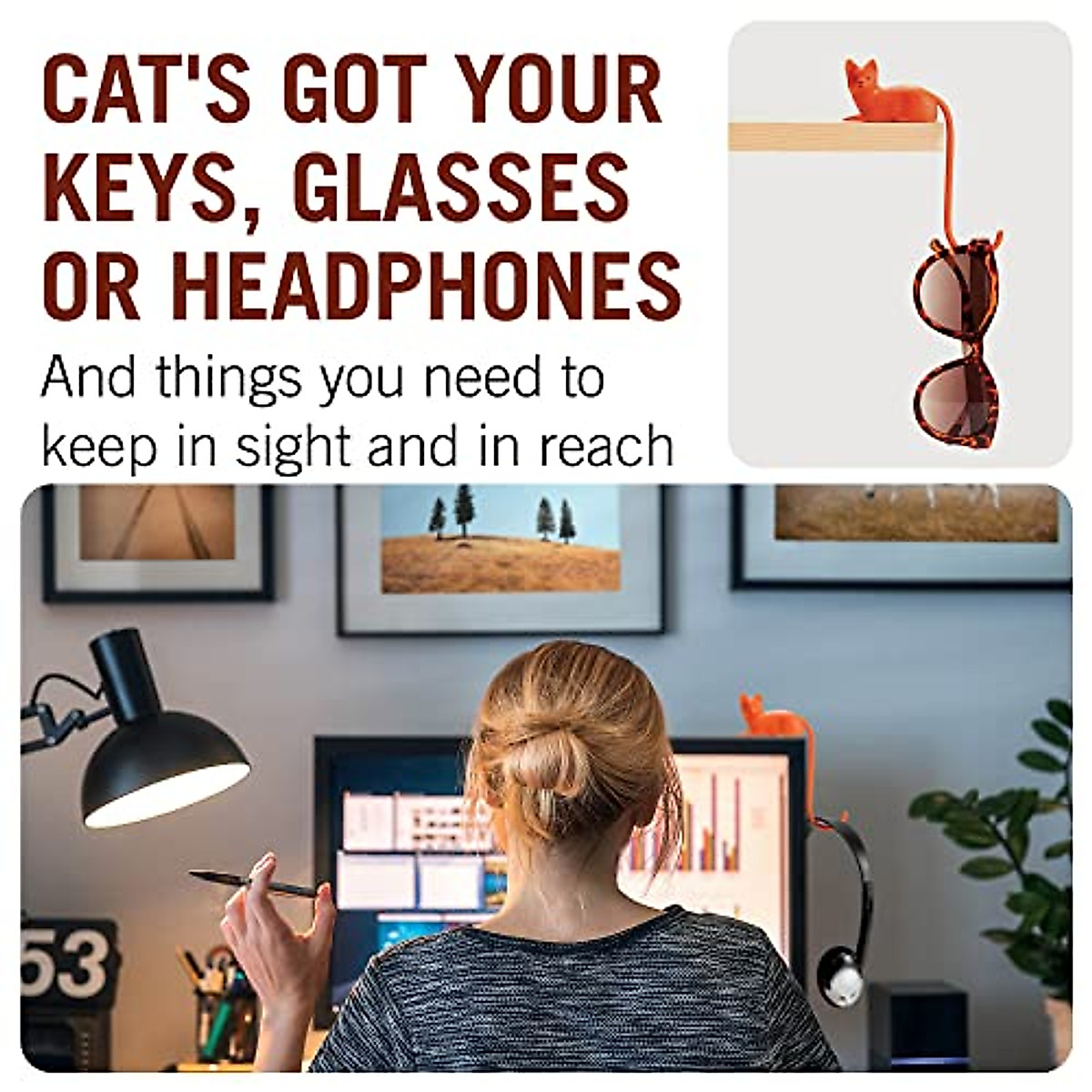 Monkey Business Ginger The Cat Tail Hook for Computer Screen, Desk Headphone Hanger, fits Any Tight Spaces, Hang Keys, Accessories in Easy Reach
