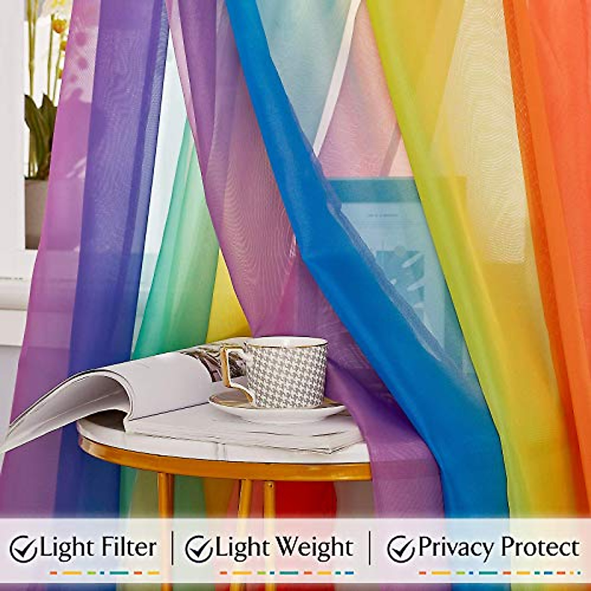 RYB HOME Rainbow Valance Curtains for Living Room- Bright Window Scarf Valance for Canopy Bed Patio Frame Birthday Party Backdrops Table Runner, W 60 in x L 216 in per Panel, 2 Panels, Rainbow