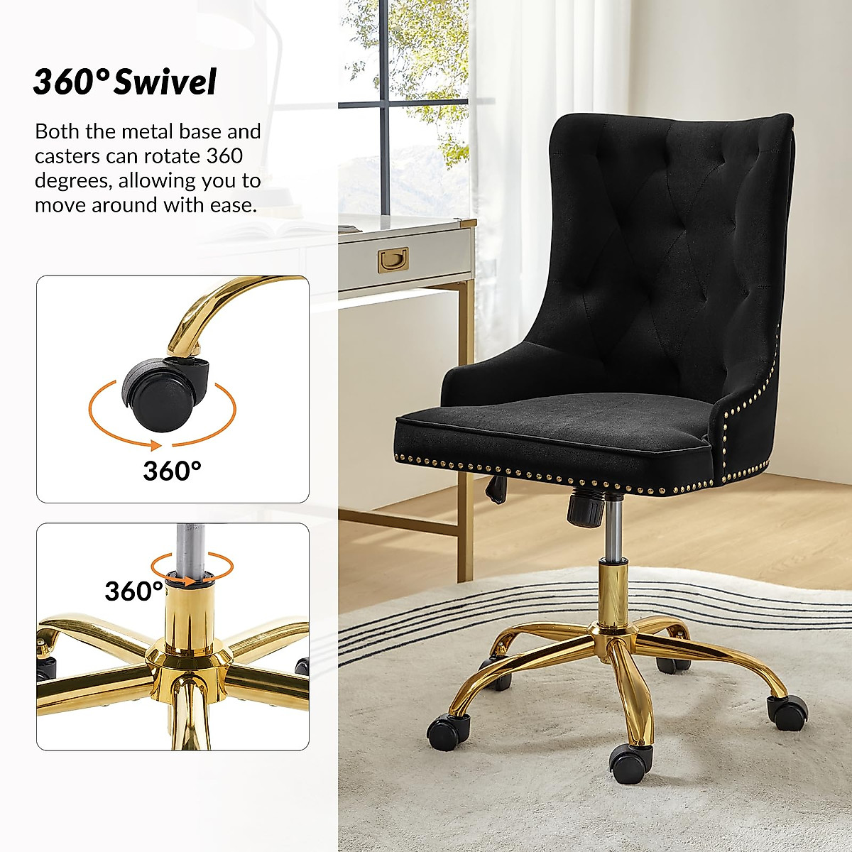 TINA'S HOME Velvet Armless Office Chair with Gold Base & Nailhead Trim, Modern Tufted Upholstered Desk Armchair Swivel Adjustable, Cute Wingback Computer Task Vanity Chair for Women, Black