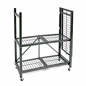 Origami 3 Shelf Foldable Storage Unit on 3" Caster Wheels, Unfolds in 5 Seconds, Holds up to 750 Pounds, Metal Organizer Wire Rack, 29" x 13" x 38", Heavy-Duty - Pewter