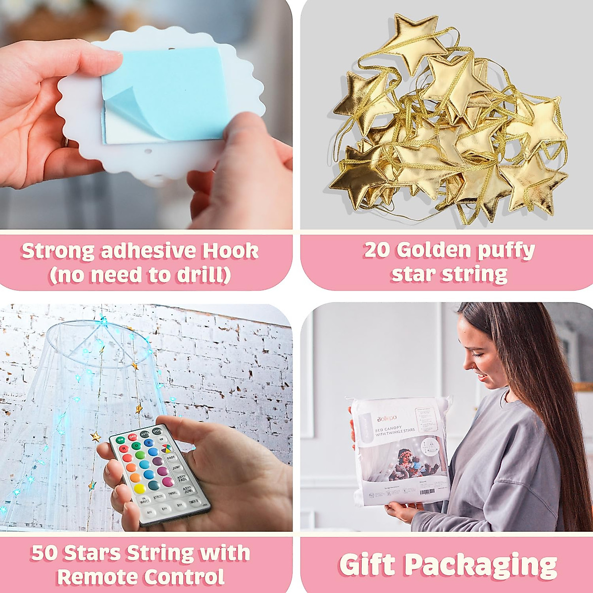 Bed Canopy with Lights, White Canopy Bed, Bed Canopy for Girls Room, Princess Bed Canopy | Single, Twin, Full, Queen | Bed Canopy for Girls, Kids Bed, Hanging Canopy, Fairy Lights Led Canopy