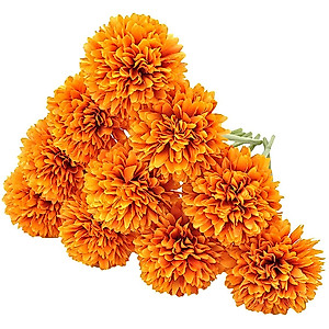 Fantasy Gardens Artificial Fake Flower Plants Silk Chrysanthemum 10Pcs DIY Ball Hydrangea Arrangements Wedding Bouquets Decor Home Kitchen Garden Party Table (Orange)