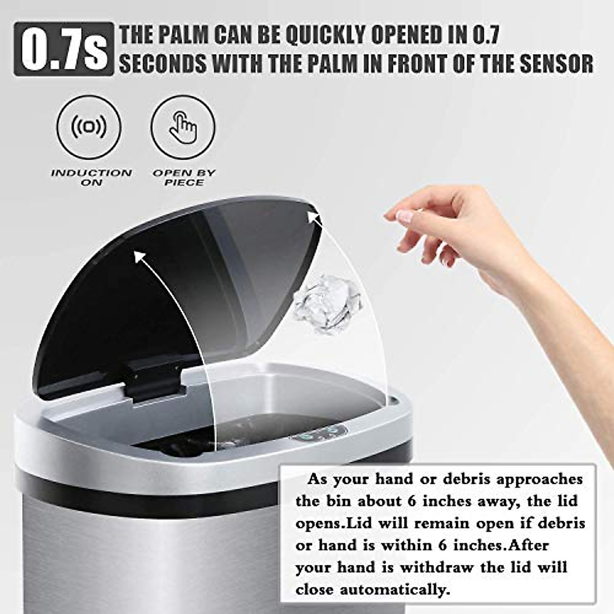 XXFBag Kitchen Trash Can 13 Gallon Garbage Can, Sensor Trash Can Touchless Stainless Steel Trash Can, Brushed Dustbin 50 Liter Motion Trash Bin Metal Waste Bin with Lid for Home Bathroom Office Restroom, Silver