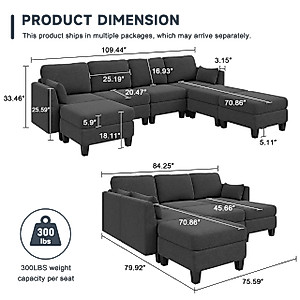 Huatean Home Modular Sectional Sofa, Convertible U Shaped Sofa Couch with High Density Memory Foam, 7 Seat Comfy Modular Sofa Couch for Living Room, Modern U Shaped Sectional Sofa, Dark Grey