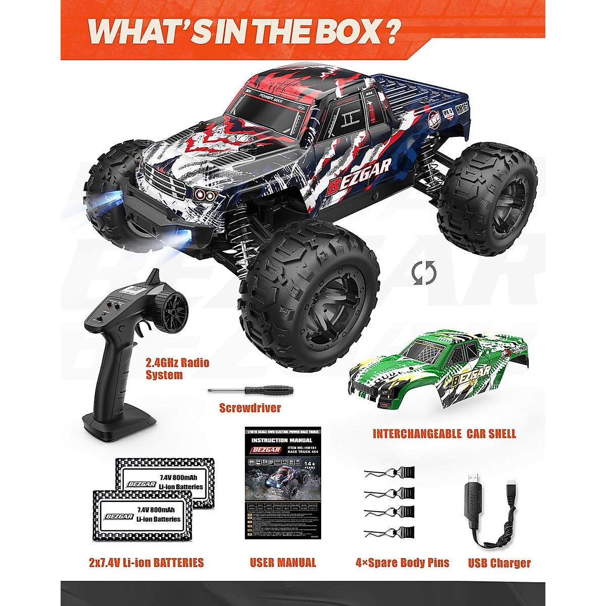 BEZGAR HM161 Hobby Grade 1:16 Scale Remote Control Truck, 4WD High Speed 40+ Kmh All Terrains Electric Toy Off Road RC Vehicle Car Crawler with 2 Rechargeable Batteries for Boys Kids and Adults