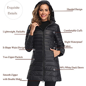 Obosoyo Women's Winter Packable Down Jacket Plus Size Ultralight Long Down Outerwear Puffer Jacket Hooded Coat (Black, XXX-Large)