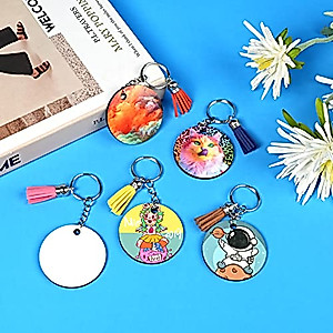 HTVRONT Sublimation Keychain Blanks Bulk - 120Pcs Sublimation Blanks Keychain with Blue Protective Film - MDF Round Keychain with Tassels - Heat Transfer Keychain Blanks Double Sided