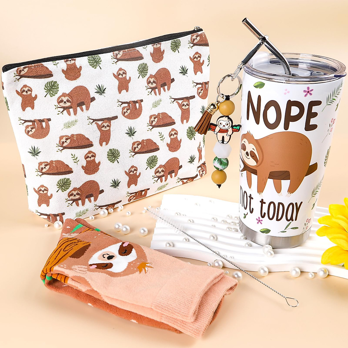 Keluna Sloth Gifts for Women Girls - 4Pcs Sloth Gifts Set 20oz Stainless Steel Tumbler with Lids Straw Cute Animal Makeup Bags Socks Keychain for Sloth Lovers Friends Birthday Christmas Gifts