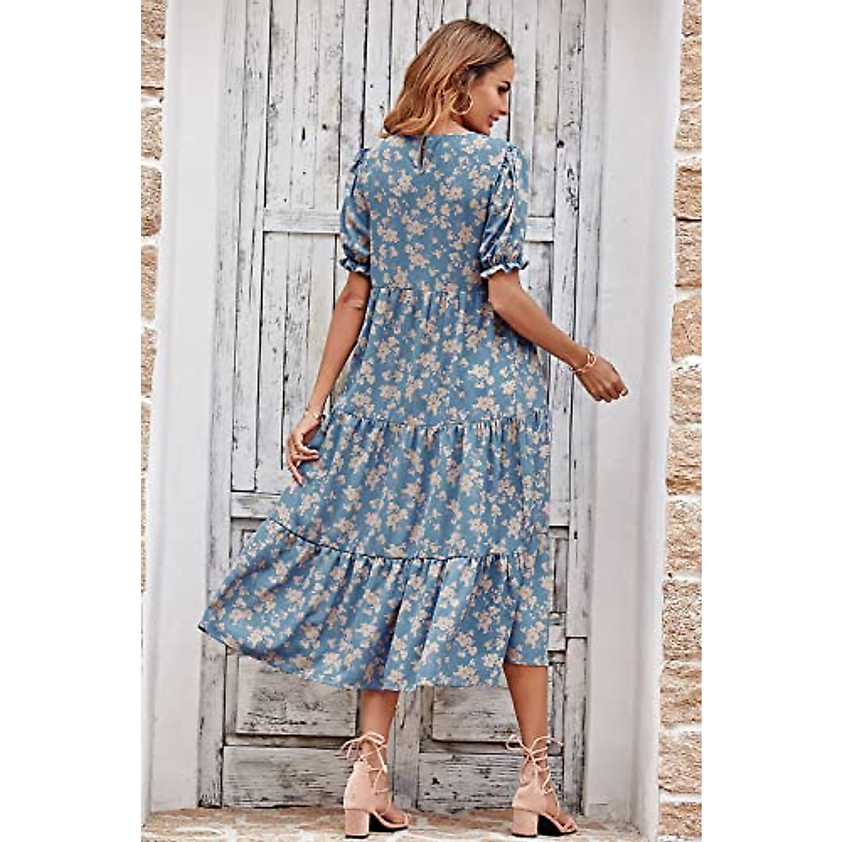 PRETTYGARDEN Women's Summer Casual Boho Dress Floral Print Ruffle Puff Sleeve High Waist Midi Beach Dresses (Blue Apricot,Medium)