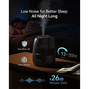 RoneAir Humidifiers for Bedroom Large Room Home, 3L Cool Mist Humidifiers for Baby Nursery & Plants, Ultrasonic, Smart Auto Humidification, Oil Diffuser, Timer, Auto Shut-Off, 360° Nozzle, 26dB Quiet