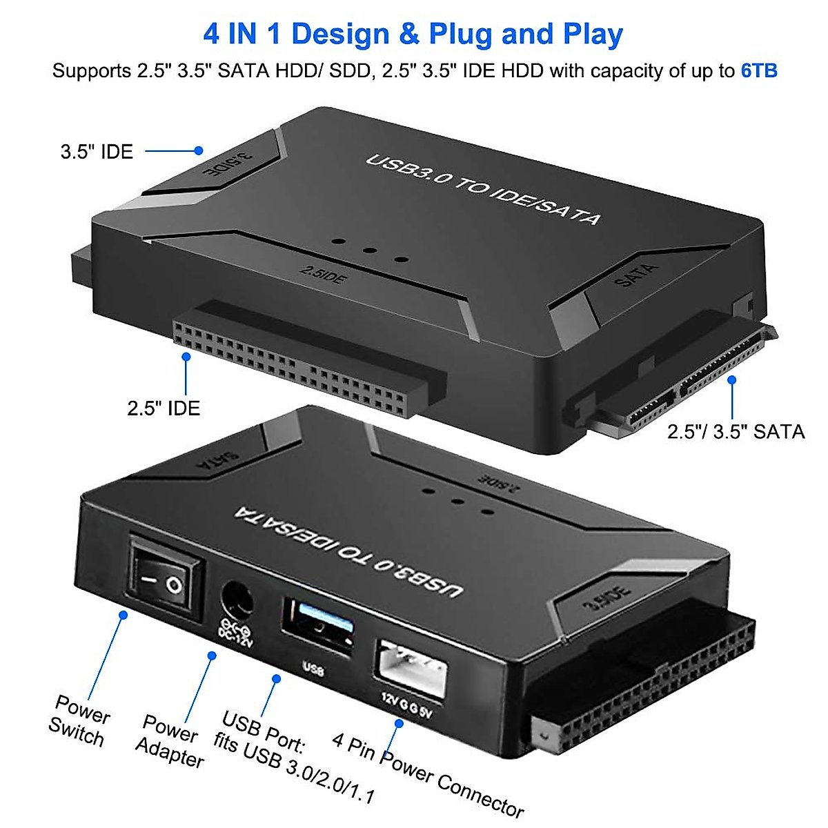 USB to SATA IDE HDD Adapter - USB 3.0 Cable to 2.5" 3.5" SATA IDE Hard Drive Converter for Windows 10/8/ 7/XP, Mac, Internal to External Laptop SSD Reader Kit, File Data Transfer Conversion Cord