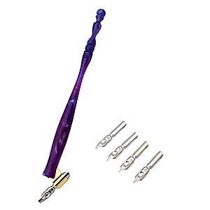Xiaoyu Calligraphy Oblique Nib Pen Holder, English Calligraphy Pen Nib Holder, Resin Dip Pen Handle Nib Holder with 5 Flat Nibs, Blue and Pruple