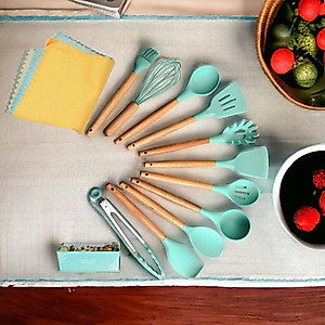 33 pieces.” Kitchen Utensils Set for cooking. Comes with 5 kitchen cleaning cloths, Utensil set with holder, spatula, so gadgets, silicone kitchen utensils wood handle.