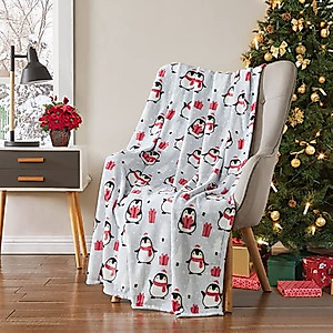 Holiday Christmas Throw Blanket: Soft Cute Winter Penguins with Presents Snuggle Accent for Sofa Couch Chair Bed or Dorm