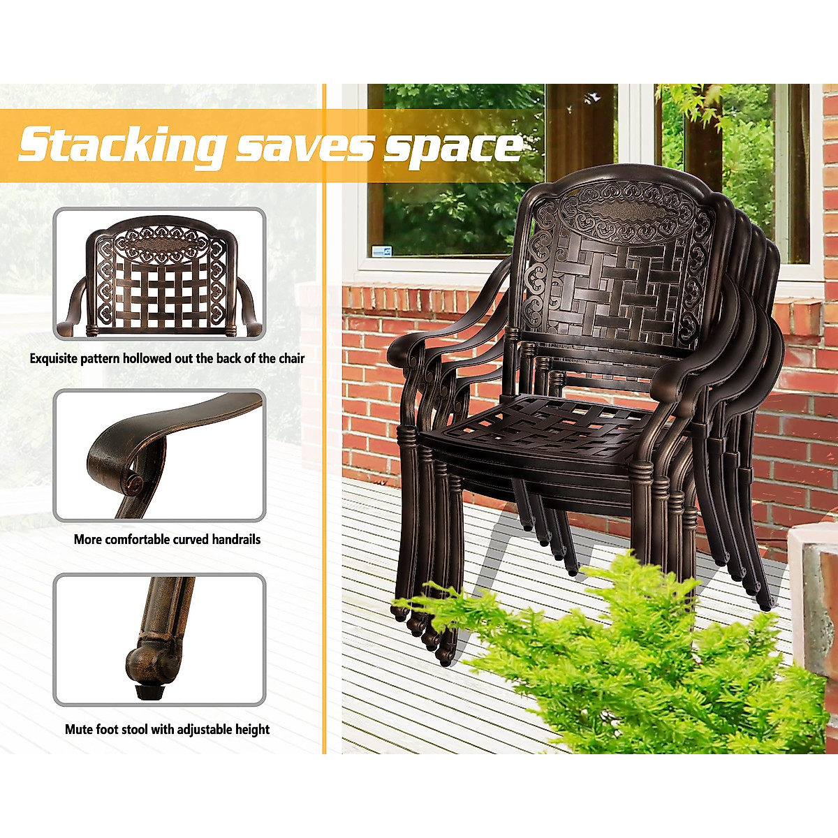 TITIMO Cast Aluminum Patio Dining Set 7-Piece with Cast-Top Table and Chairs with Cushions,Outdoor Furniture Set for Backyard Porch Pool (6 Love Chairs+Rect Table+Khaki Cushions)