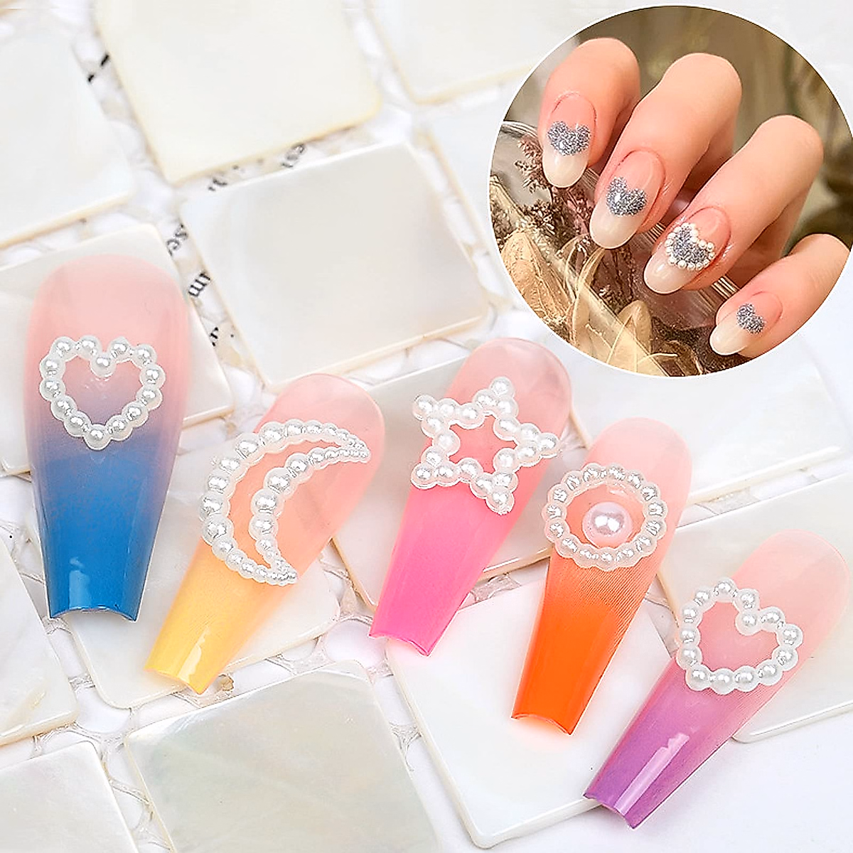 260Pcs 3D White Assorted Pearls Nail Charms Acrylic Multi Shapes Heart Flower Bear Butterfly Cute Nail Charms Heart Star Bowknot Pearls Nail Beads Charms for Manicure DIY Crafts Jewelry Accessories