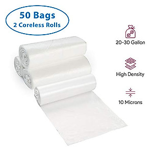 20-30 Gallon Clear Garbage Can Liners, 50 Count - Medium - Large Trash Can Liners - High Density, Thin, Lightweight, 10 Microns - For Office, Home, Hospital, Wastebaskets - 2 Coreless Rolls