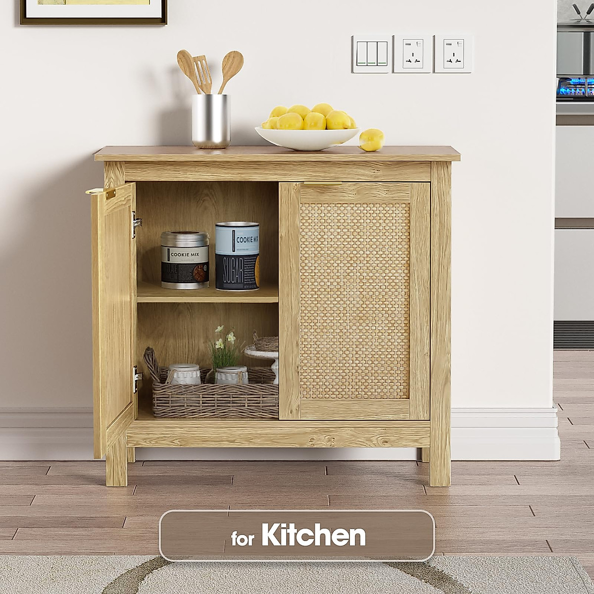 Giluta Sideboard Buffet Cabinet, Farmhouse Kitchen Cabinets with 2 Rattan Doors, 30''H Boho Cabinet for Entryway