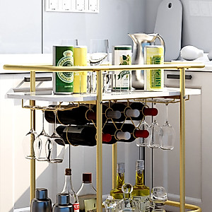 BENOSS Gold Bar Cart on Wheels, Home Bar Serving Carts, Modern Marbled Pattern Wine Cart with Glass Holder Wine Rack, Coffee Tea Drink Trolley, Beverage Bar Cart for the Home Kitchen Living Room Party