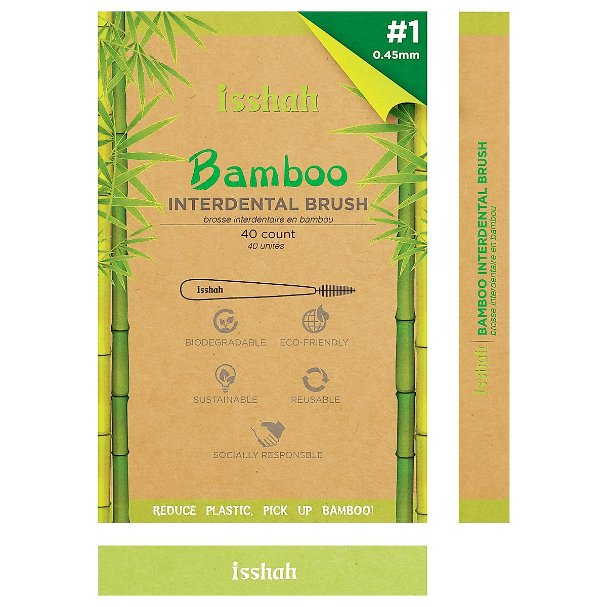 Isshah Biodegradable Bamboo Handle Interdental Brushes Between Teeth Cleaner Deep Clean Toothpick, FSC Certified and PETA Approved, Size 1 (0.45mm), 40 Count