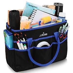 JJRING Large Multi-Functional Carrying Bag, 600D Nylon Artist Tote Bag with 16 Pockets Caddy for Art, Craft, Sewing, Make-up or School, Medical, Office Supplies Organizer, Blue